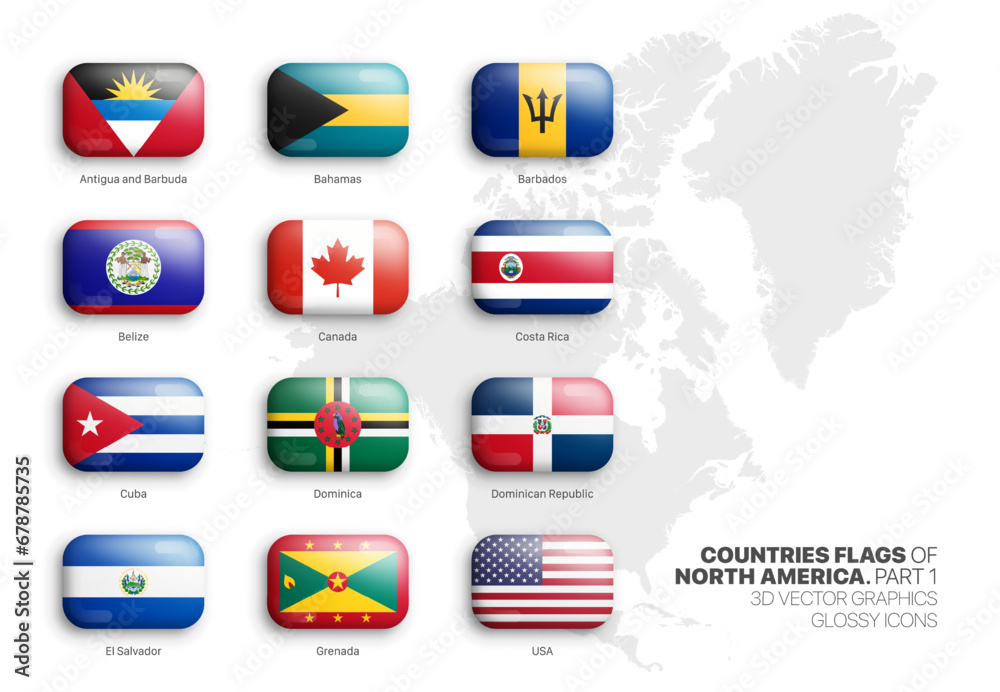 North America Countries Flags 3D Vector Rounded Glossy Icons Set ...