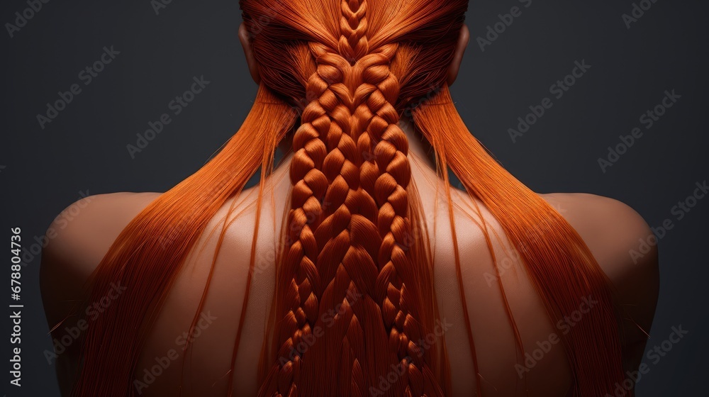 the back of a woman's head with long, red hair in a fishtail braid ...