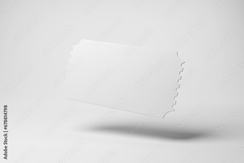 White ticket stub floating in mid air on white background in monochrome ...