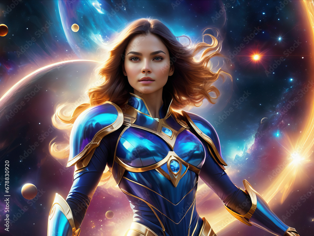 Pretty Sci-Fi Soldier - Superhero in Blue and Gold Armor with Outer ...