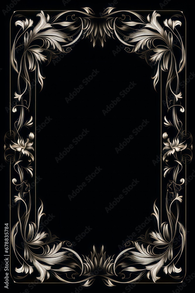 graphic vertical frame, silver, flowers, black background, cornice ...
