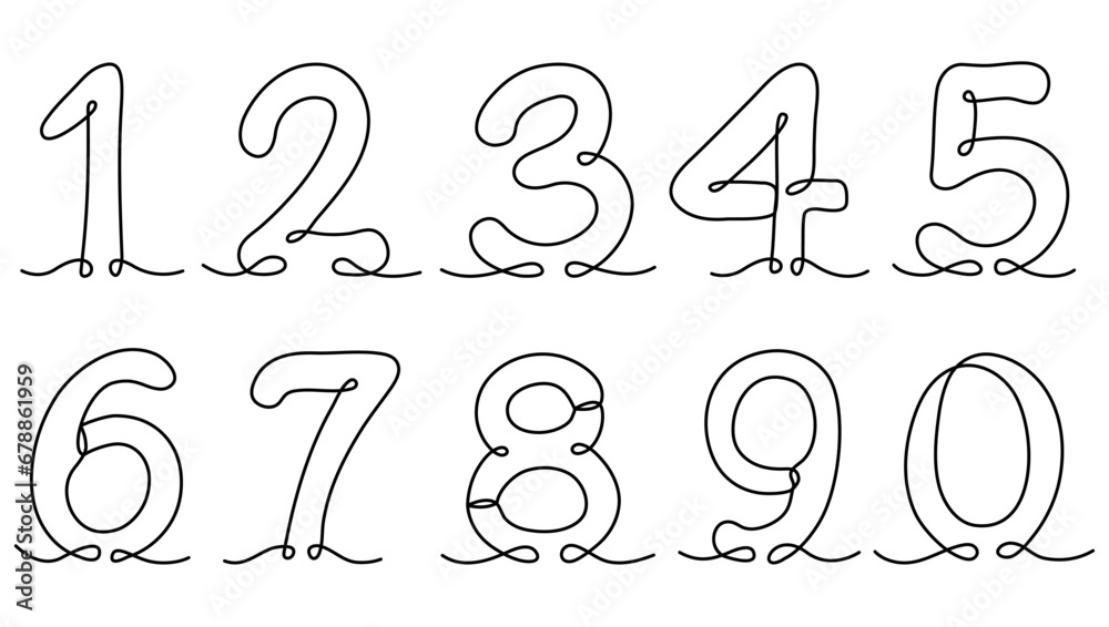Numbers continuous line drawing. Arabic numerals symbols linear set ...