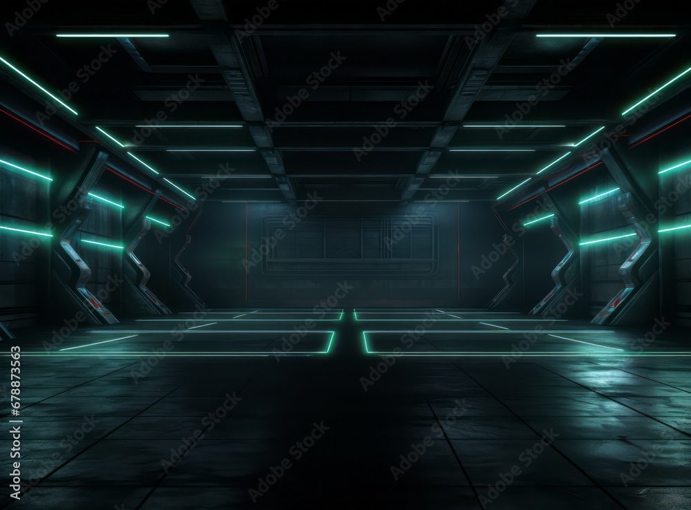Empty underground warehouse garage with neon green led laser light. Sci ...