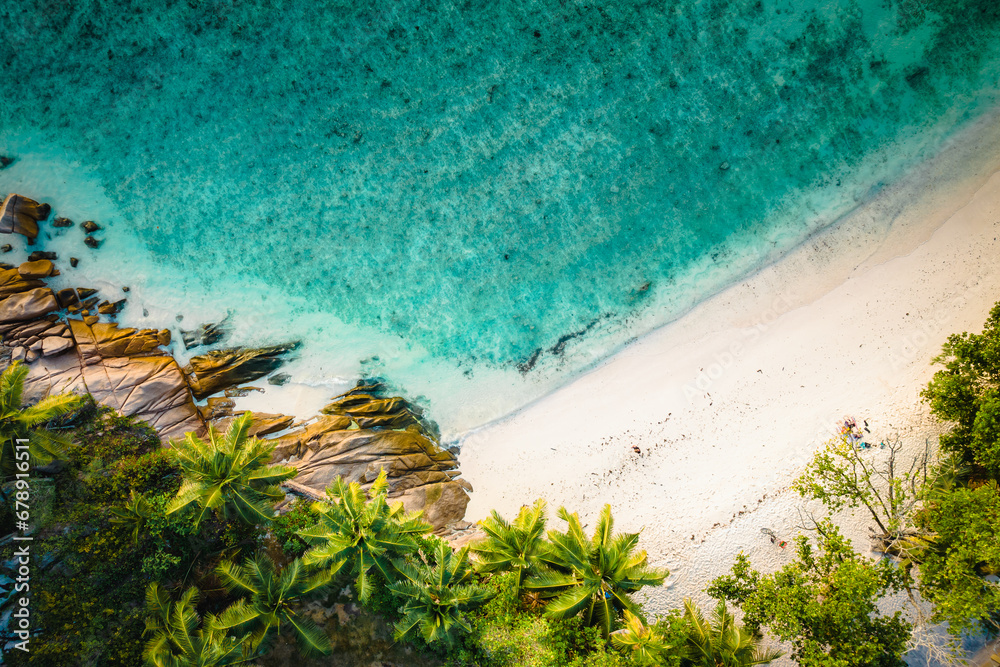 Aerial view Top down seashore. Beautiful azure sea surface in sunny day ...