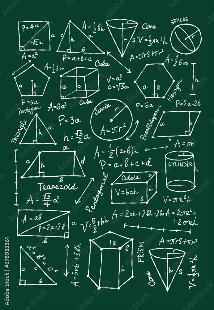 Mathematics and geometry, figures and formulas on dark green background ...