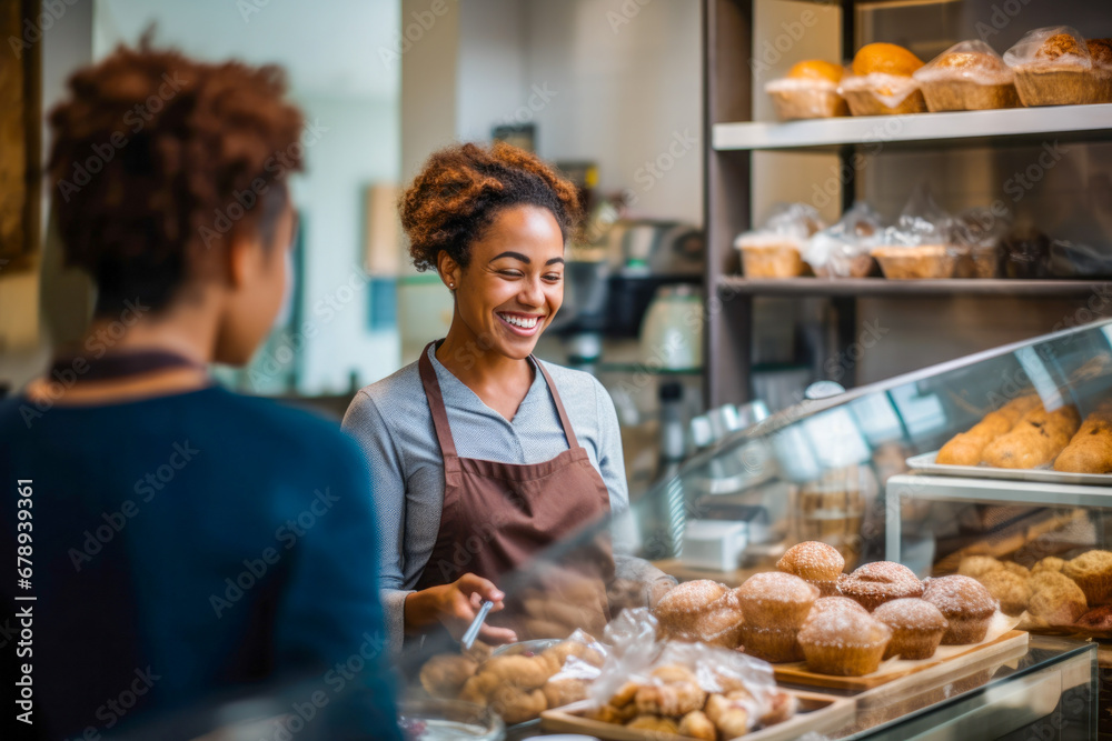 Proud and smiling African American female baker, who's also the shop ...