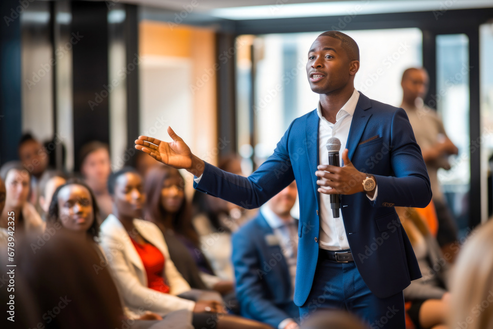 Portrait of engaging African American man wearing a suit, delivers a ...