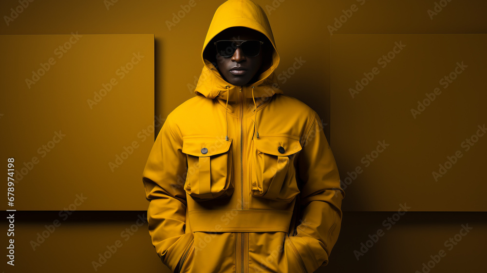 A man in a yellow jacket and backpack stands with hands on hips ...