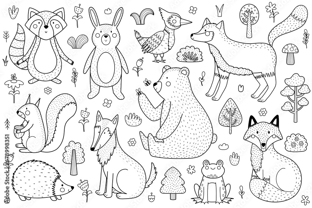 Cute forest animals black and white collection. Woodland characters set ...