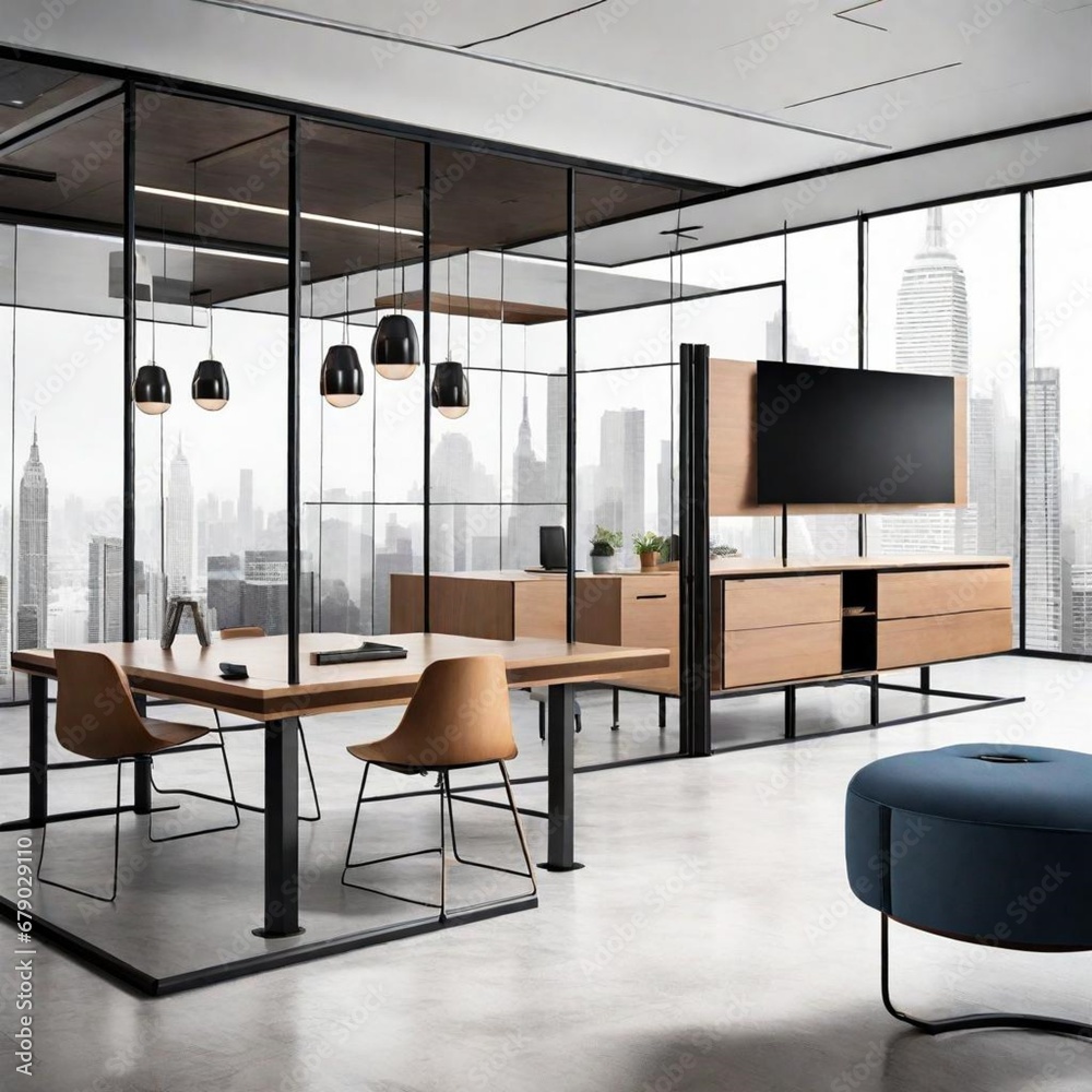 modern office interior with table Integrate smart design features, like ...