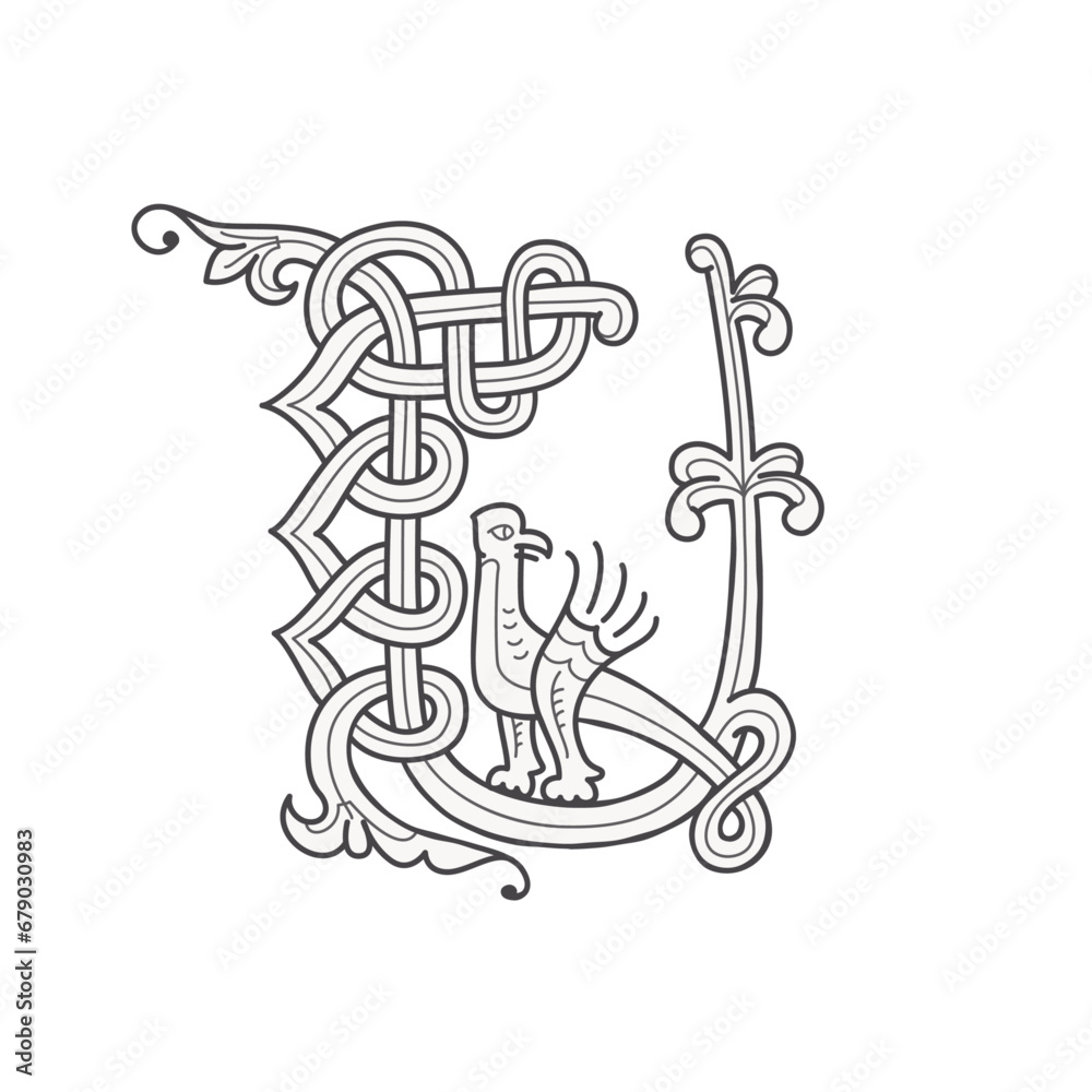 U letter logo. Medieval drop cap monogram. Initials made of spiral ...