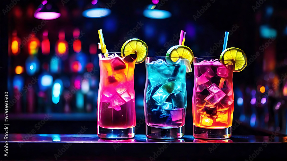 Colorful cocktails in a glass on the bar counter, neon lights on dark ...