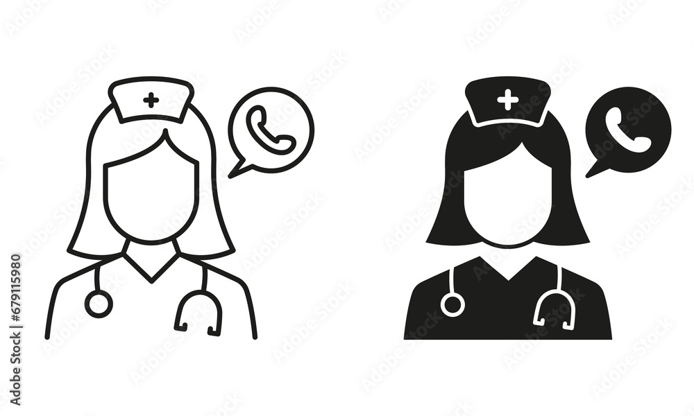 Online Medical Help Line and Silhouette Black Icon Set. Doctor Support ...