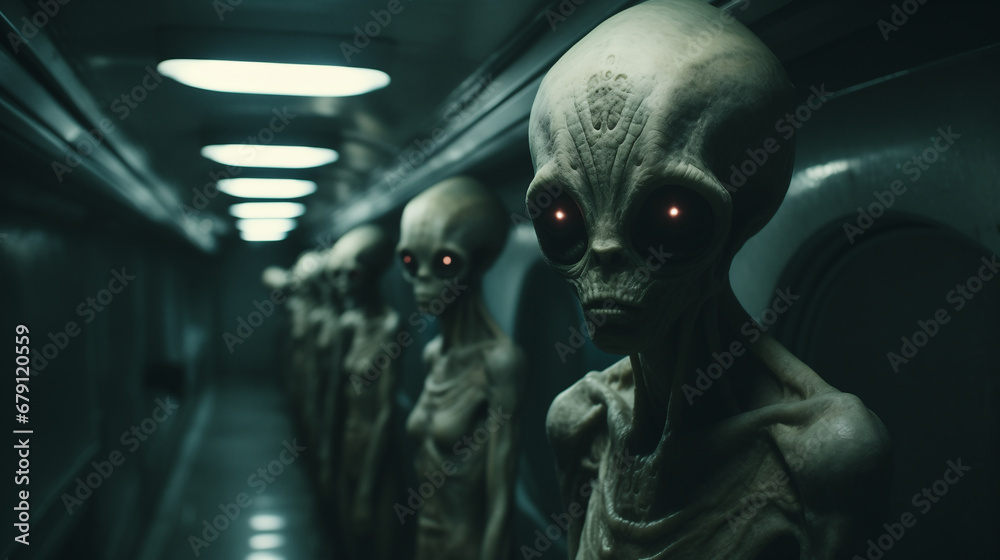 Emaciated aliens in a dimly lit cold dark spaceship prison cell ...