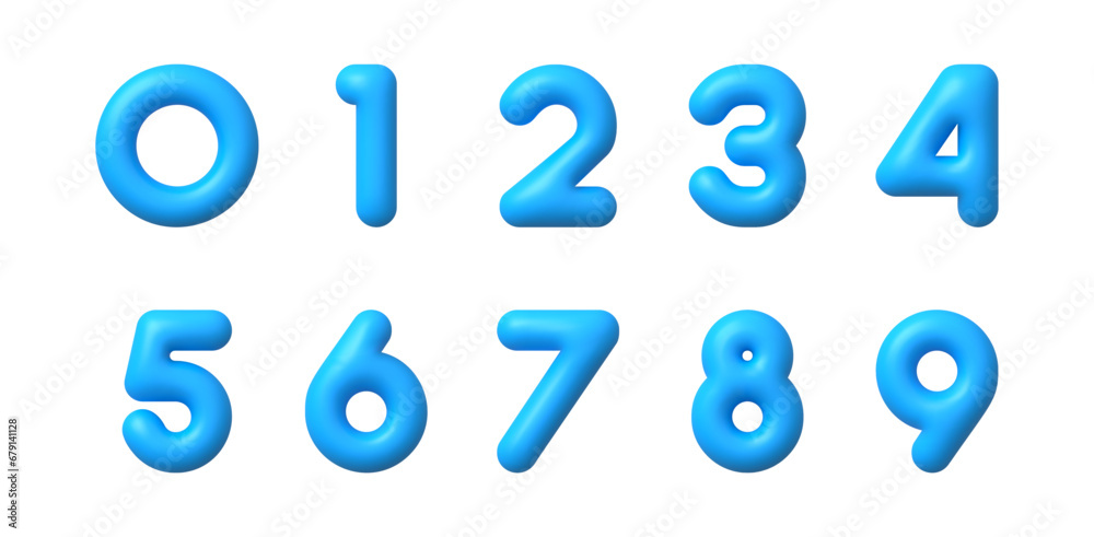 3d blue numbers. Realistic light blue plastic digits render, inflated ...