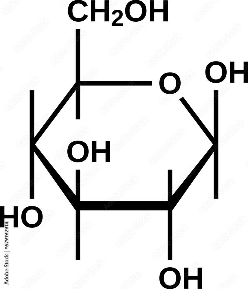 Beta-D-glucopyranose cyclic structural formula, pyranose form of D ...