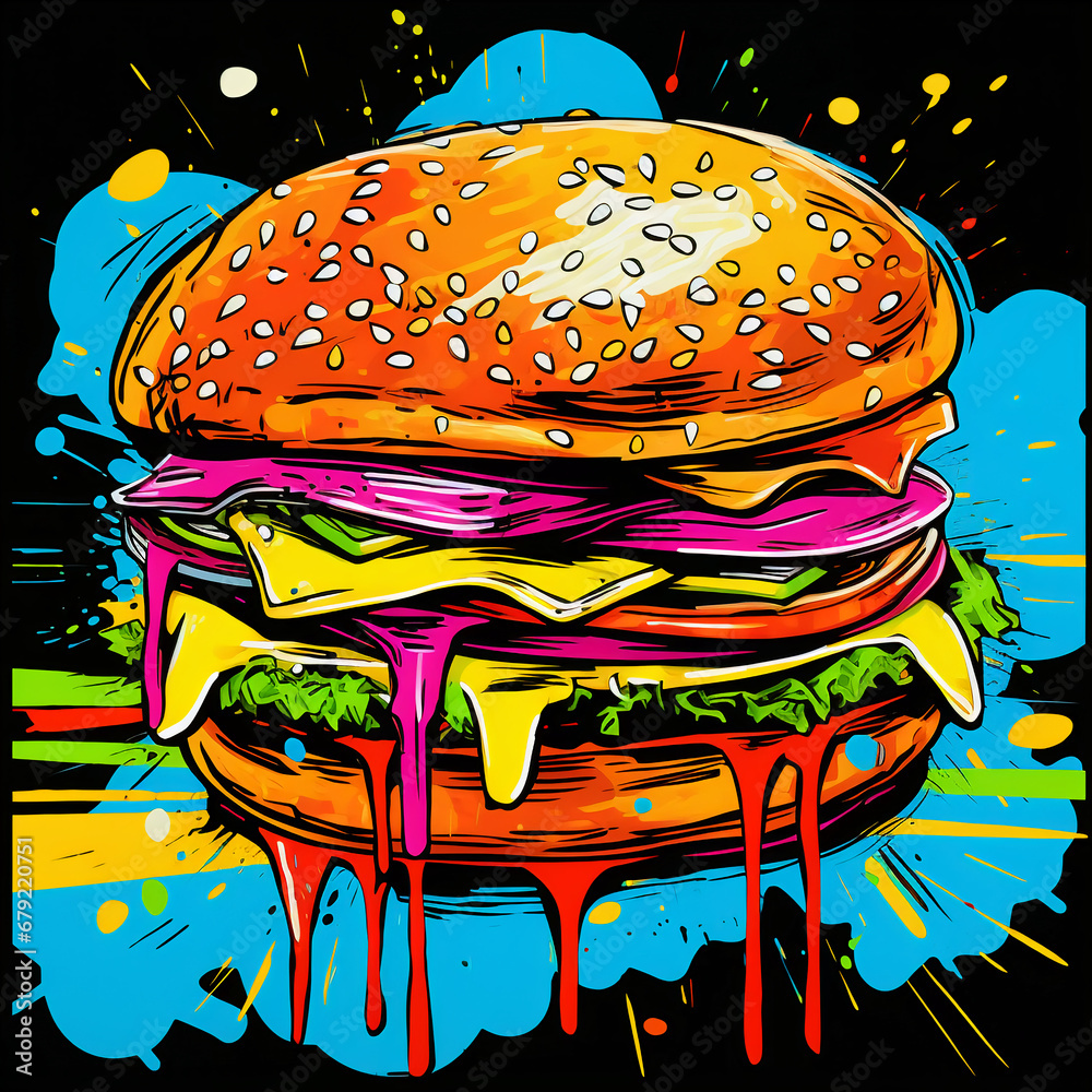 vibrant pop art hamburger executed in rich colors with dripping paint ...