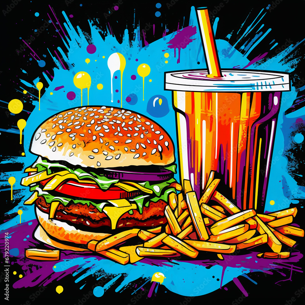 vibrant pop art hamburger executed in rich colors with dripping paint ...