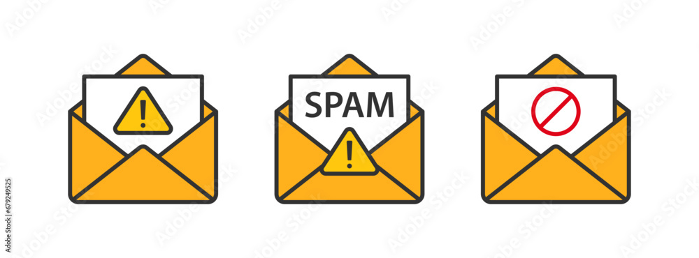 Spam email icon. Virus mail message symbol. Malware letter signs ...
