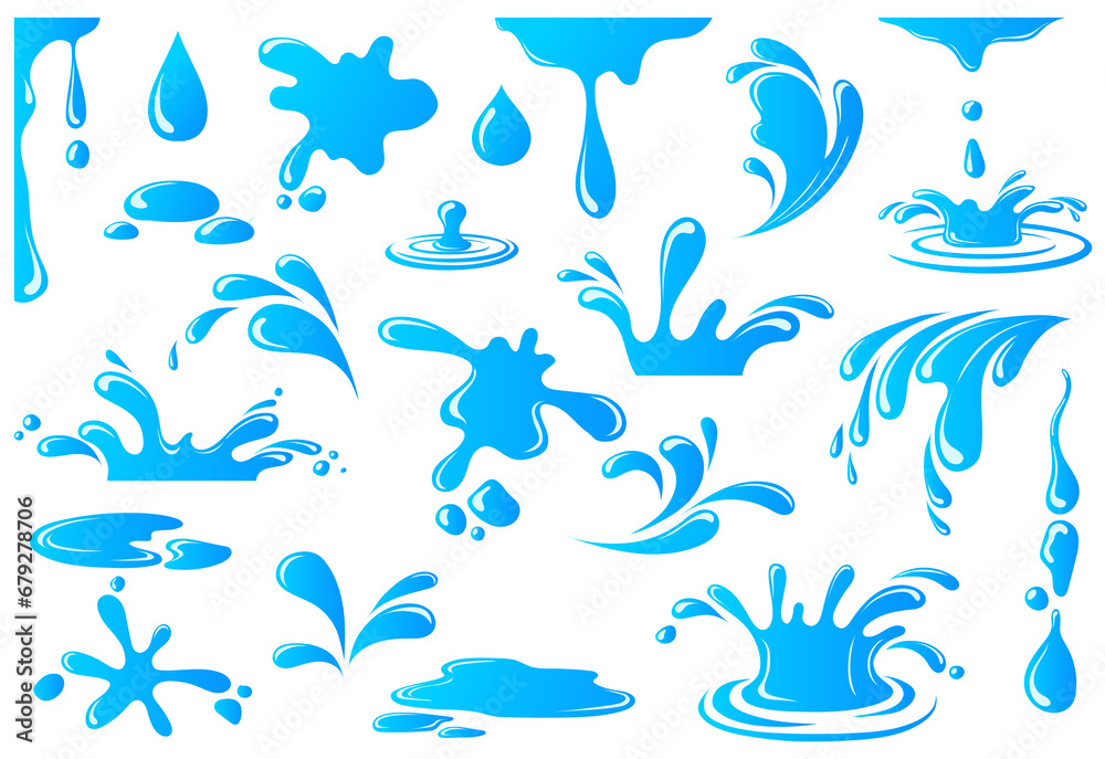 Current drops. Cartoon water splash drop, drip rain droplet, liquid tear, spill moisture falling ...