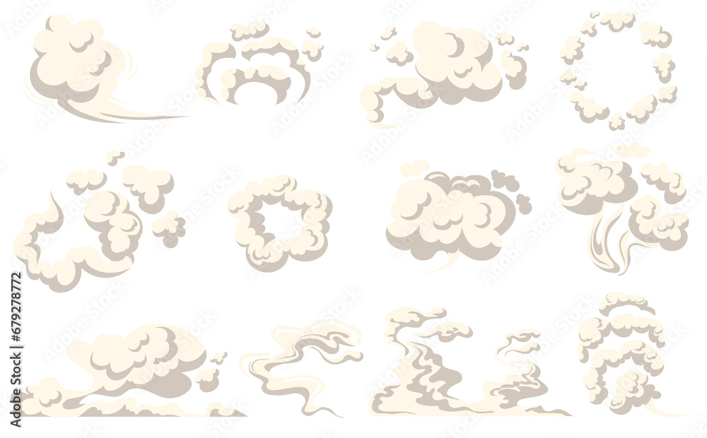 Cartoon dust clouds. Comic cloud shape, spray air smoke, fog road ...