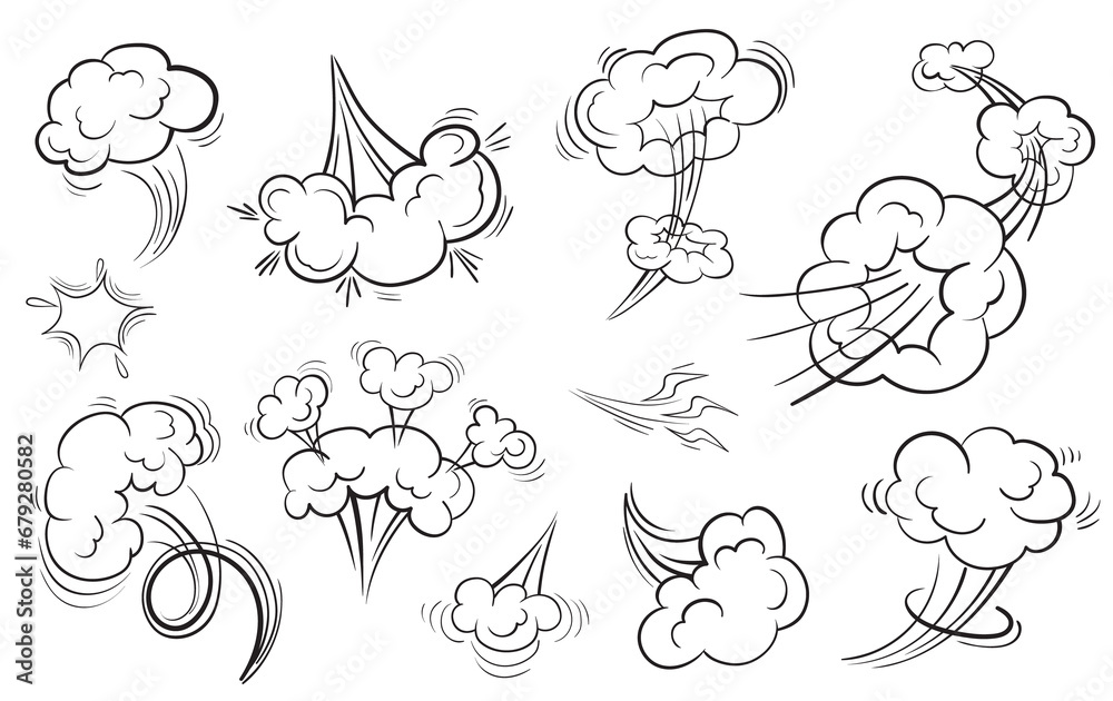 Speed cloud motion effect. Cartoon comic line clouds, moving smoke puff ...