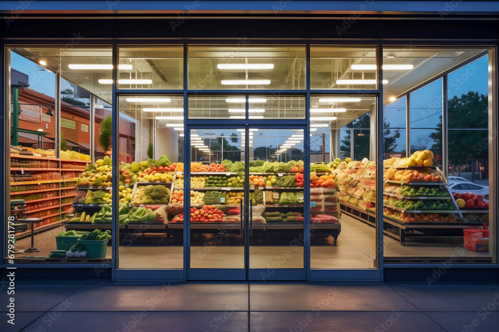 Modern grocery storefront, vibrant produce display, city street view. Stock Illustration | Adobe ...