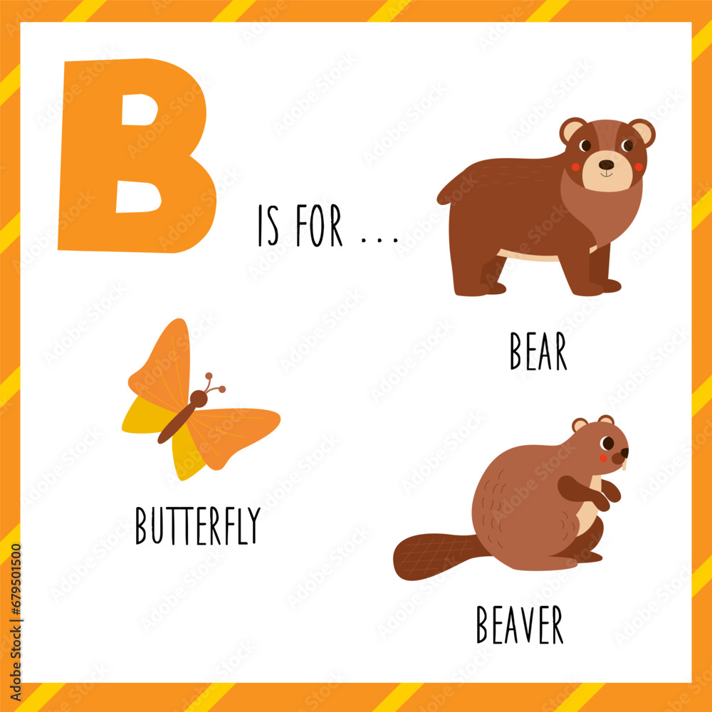 Learning English alphabet for kids. Letter b. Cute cartoon bear beaver ...