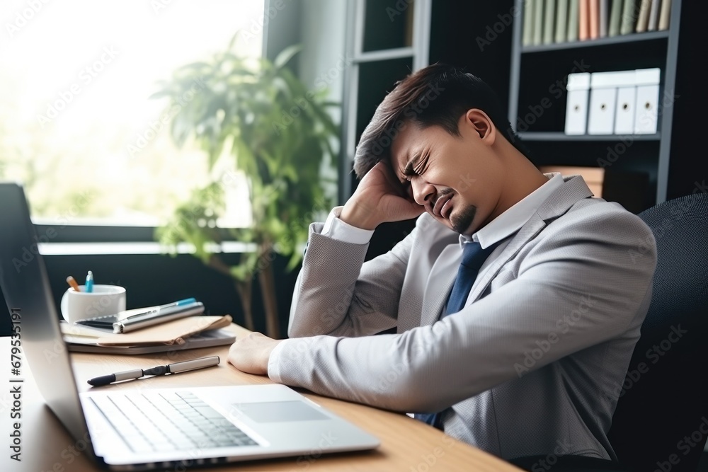 Office worker sitting at desk with computer suffers from hell work ...