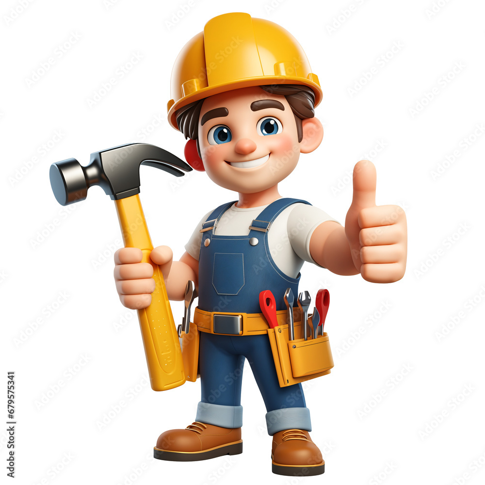 Smiling builder cartoon character, showing thumbs up, 3d style ...
