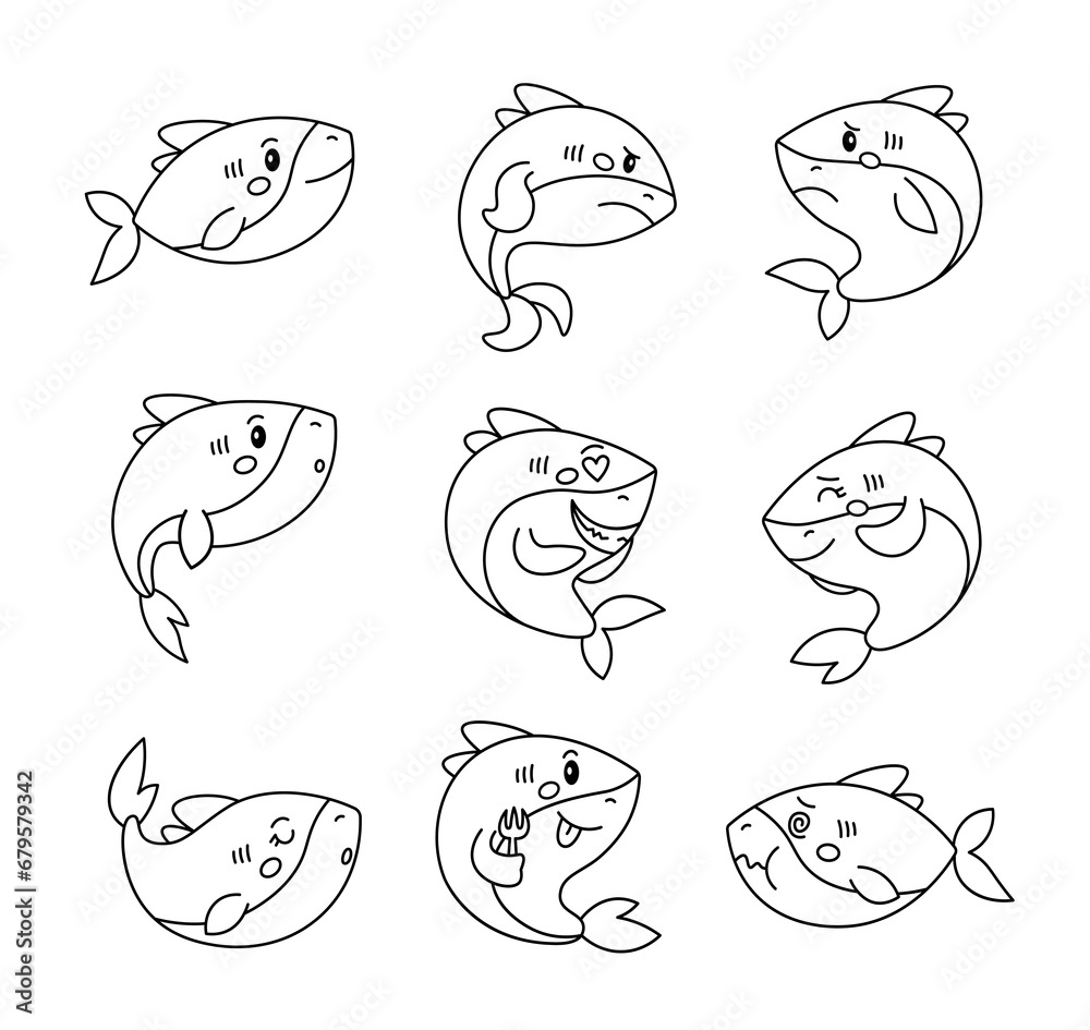 Cute shark character. Coloring Page. Kawaii cartilaginous fish ...