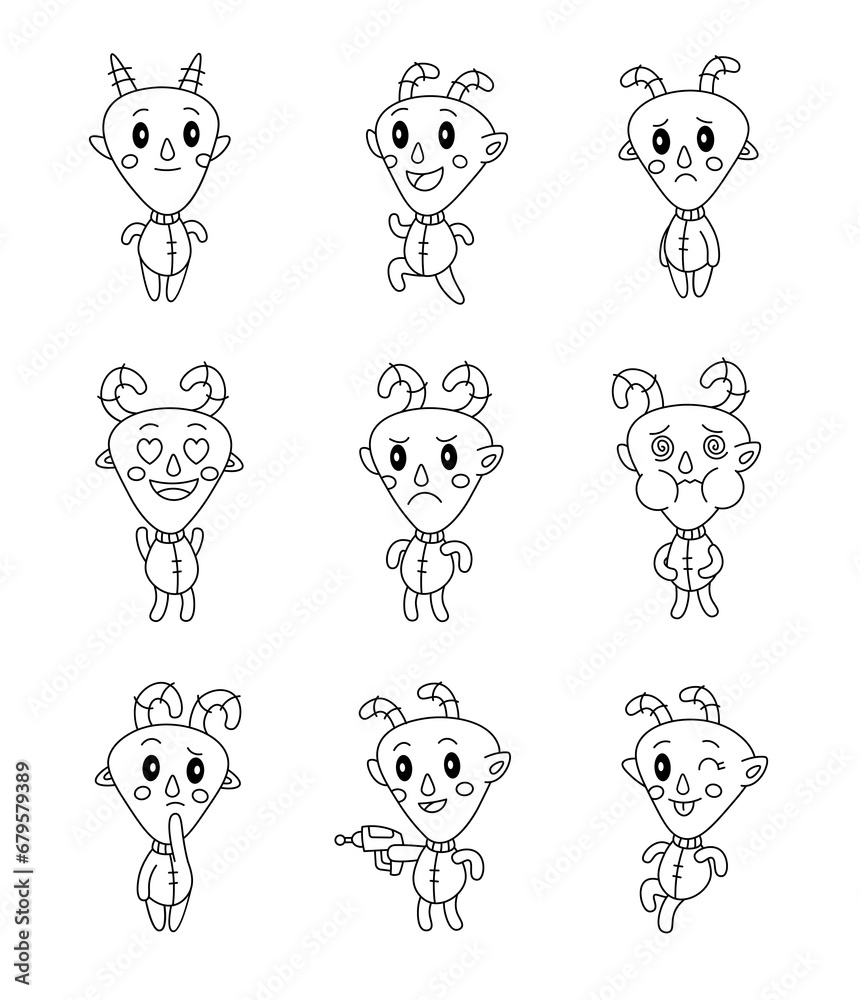 Cute alien character. Coloring Page. Kawaii UFO humanoid different ...
