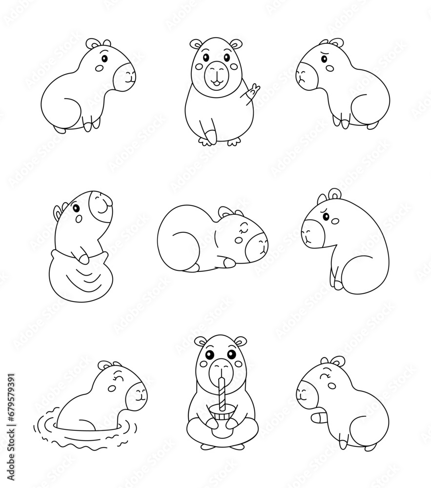 Cute capybara character. Coloring Page. Kawaii large rodent animal ...