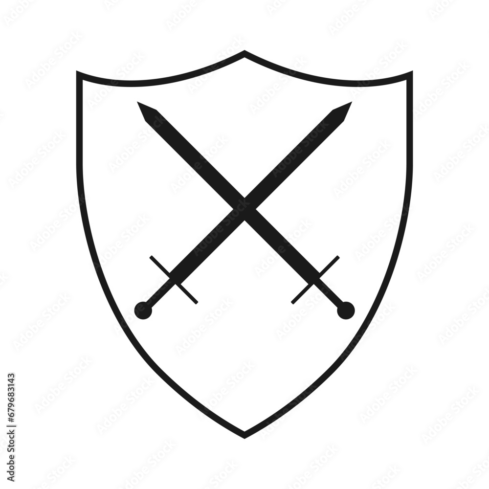 Shield and swords crossed icon. Coat of arms symbol. Sword heraldry ...