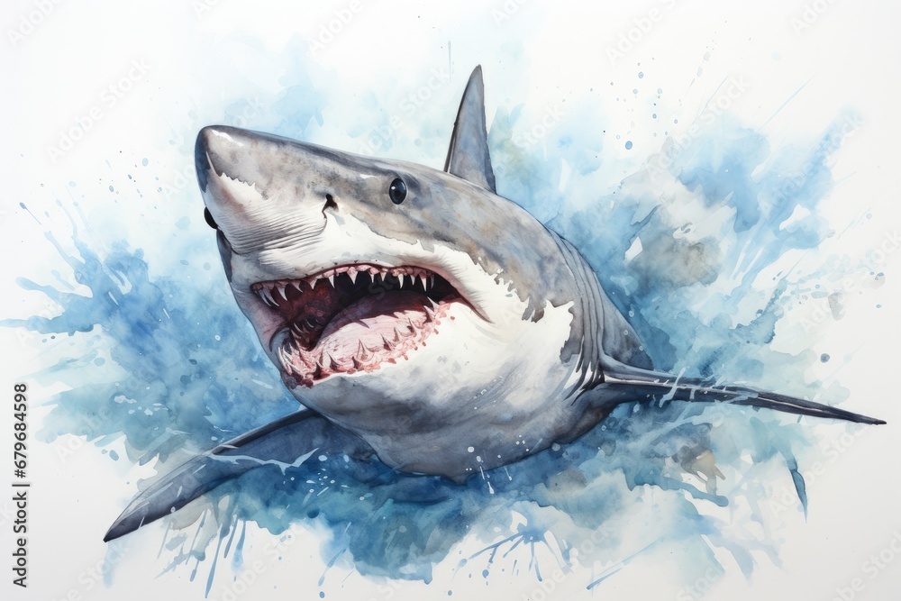 watercolor Shark Hungry shark illustration with splash watercolor ...