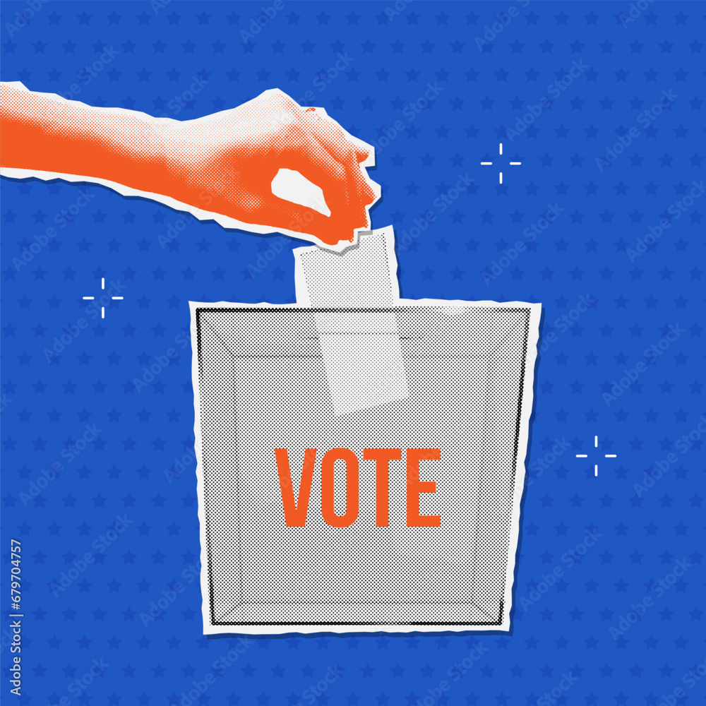 Voting concept in halftone collage style - hand putting paper in the ...