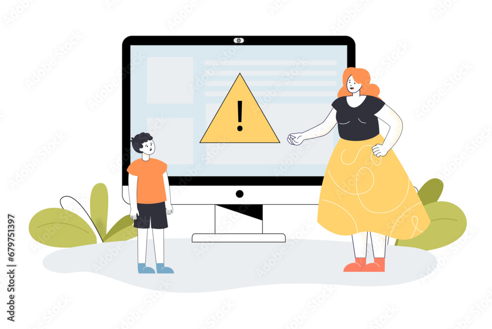 Mother forbidding her son to surf Internet vector illustration. Huge ...