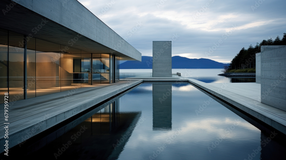 bâtiment moderne d'architecte contemporain avec de larges baies vitrées ...