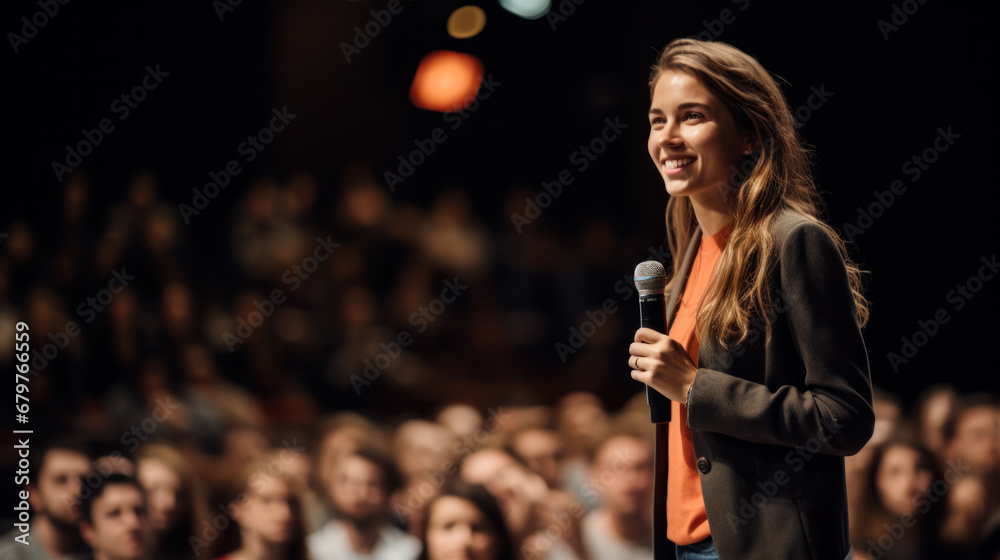 Female Presenter and Audience During Presentation. Blurred Female ...