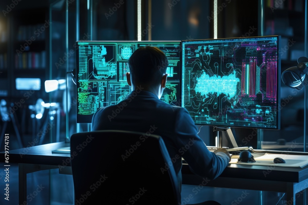 Back view of businessman working on desktop computer at night in dark ...