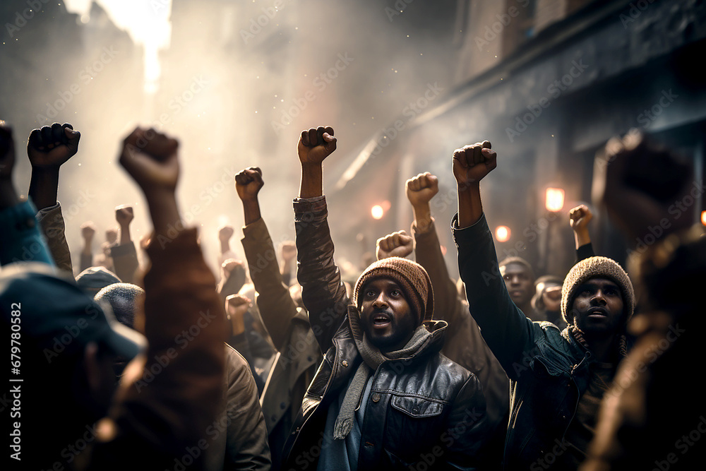 Group of people clench their fists and raise their hands. Portrait of ...