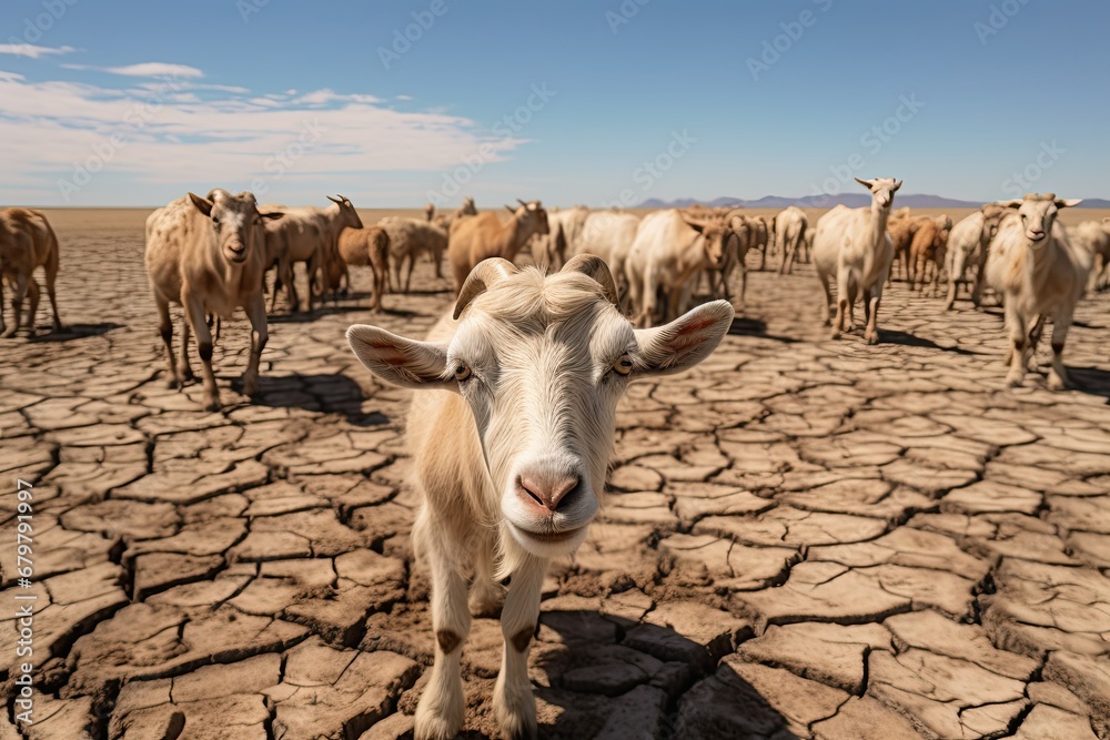 Concept of global warming, food shortage, drought. A herd of goats ...