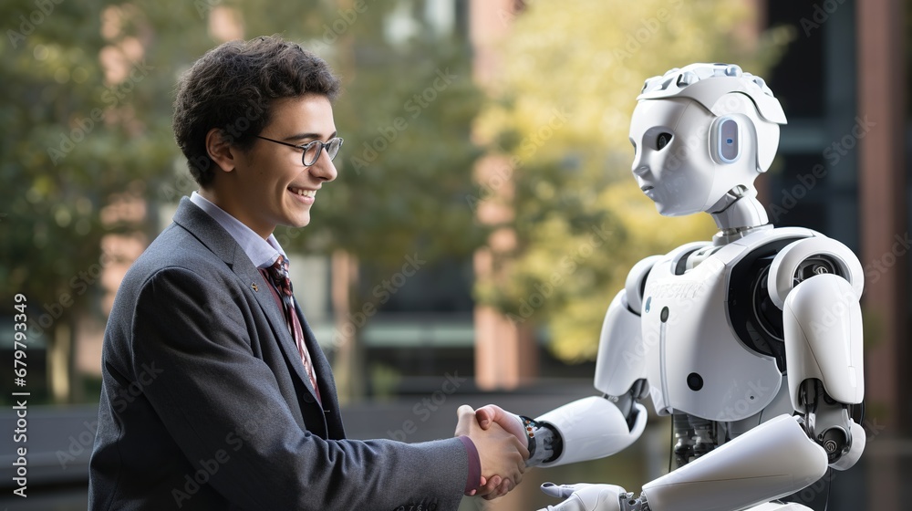 Human interacting with humanoid robot, expressing emotions, showcasing ...