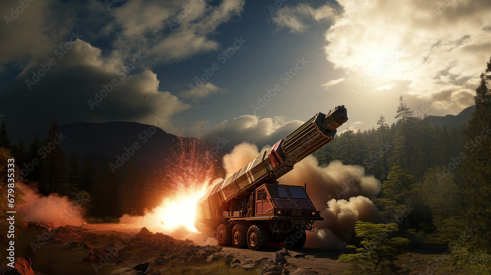 Military mobile surface to air missile system on action. Volley heavy ...