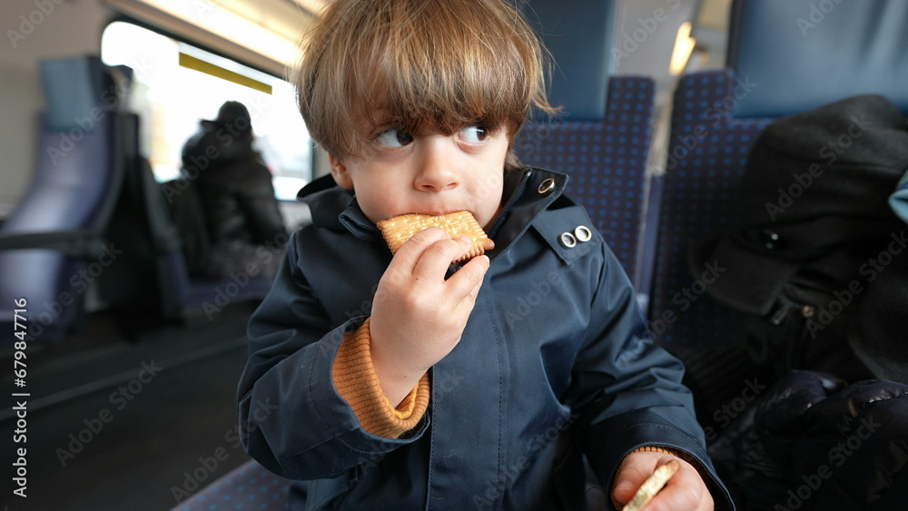 Child snacking butter biscuit while traveling by train. Little boy ...