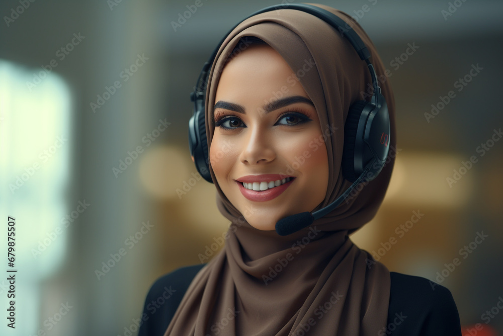 Call-center woman with headset talking on a computer handling incoming ...