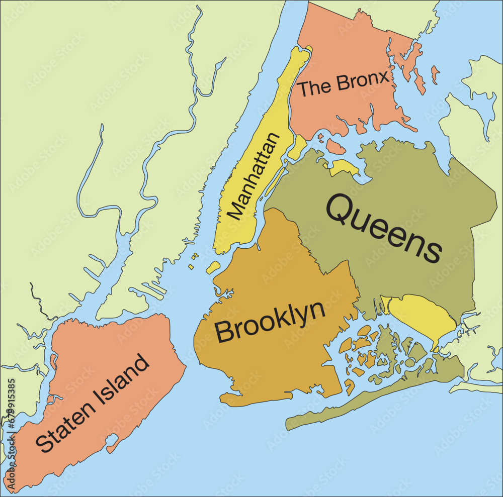 Pastel flat vector administrative map of the NEW YORK CITY, UNITED ...