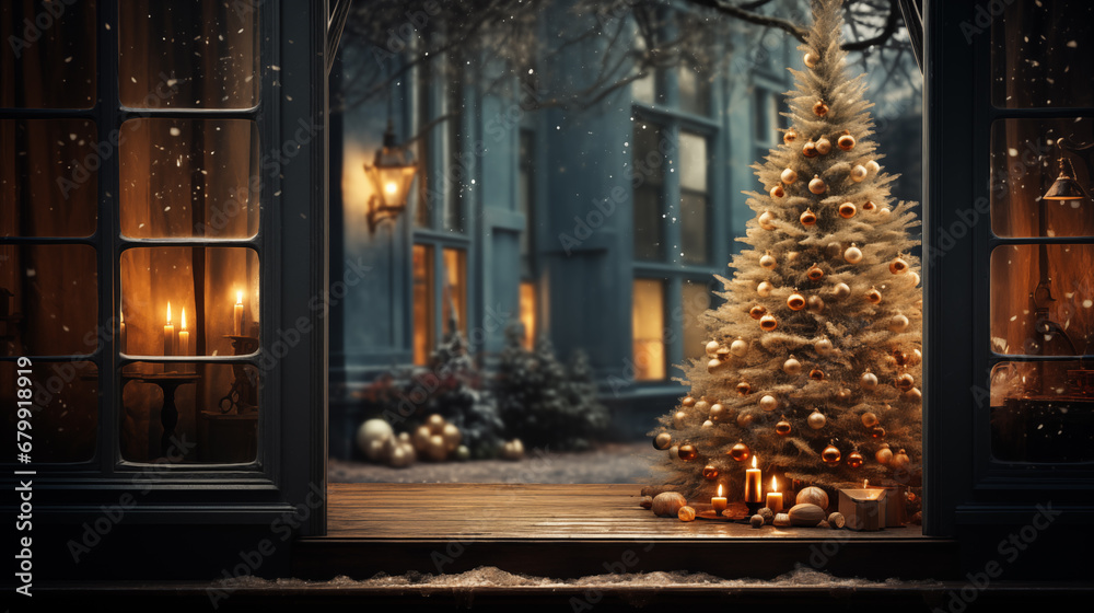 Christmas Tree seen through a window of a house from the sidewalk ...