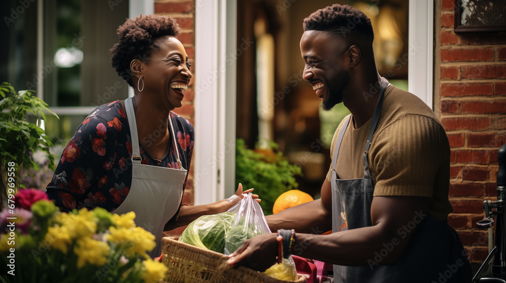 Candid photo of a young food delivery volunteer who brought bags of ...