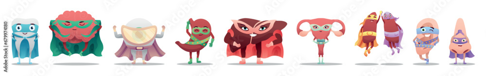 Set of funny human organs and body parts in superhero costumes on white ...
